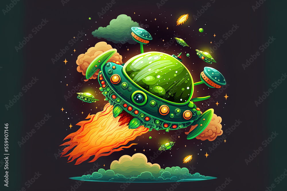 alien spaceship flying. Cute alien creature with green skin piloting a ...