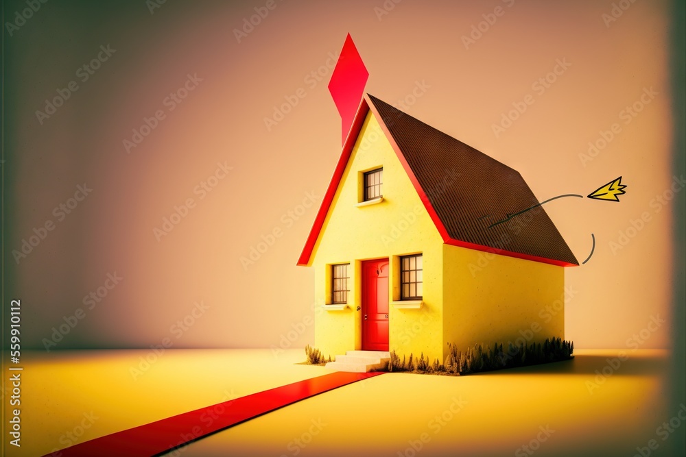 a house with a red arrow sticking out of it's roof and a red line going ...