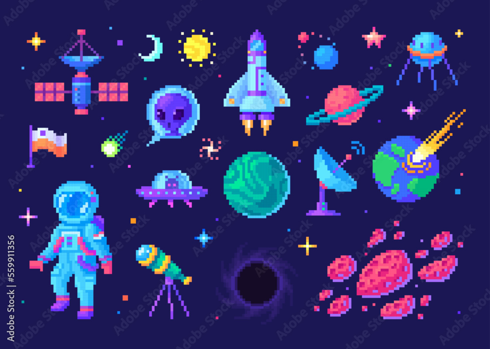 Space exploring icons set in pixel art. Pixelated cartoon elements ...