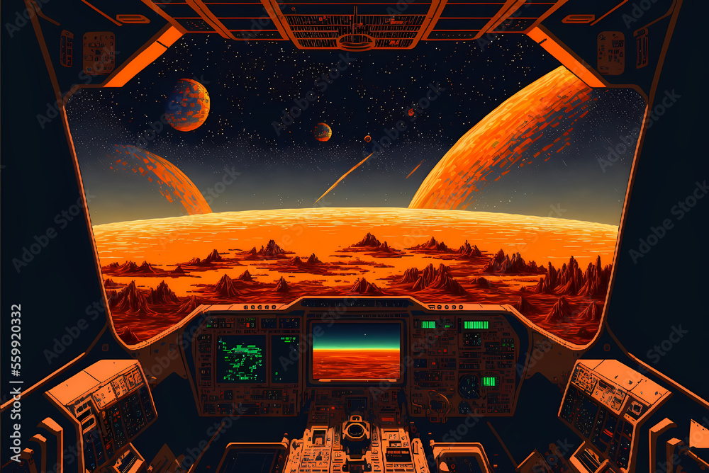 Pixel Art Science Fiction Scene of the Futuristic Cockpit of a ...