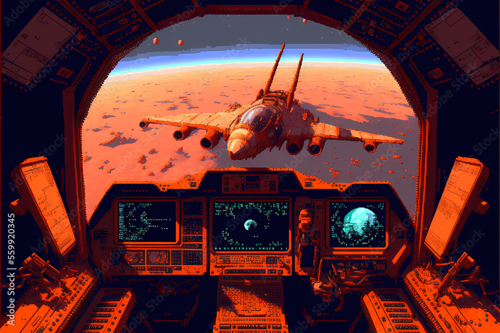 Pixel Art Science Fiction Scene of the Futuristic Cockpit of a ...