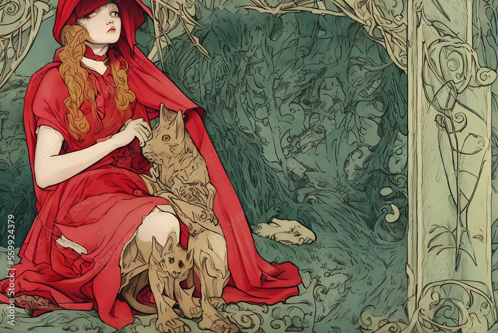 little red riding hood in art nouveau style as decoration element for ...