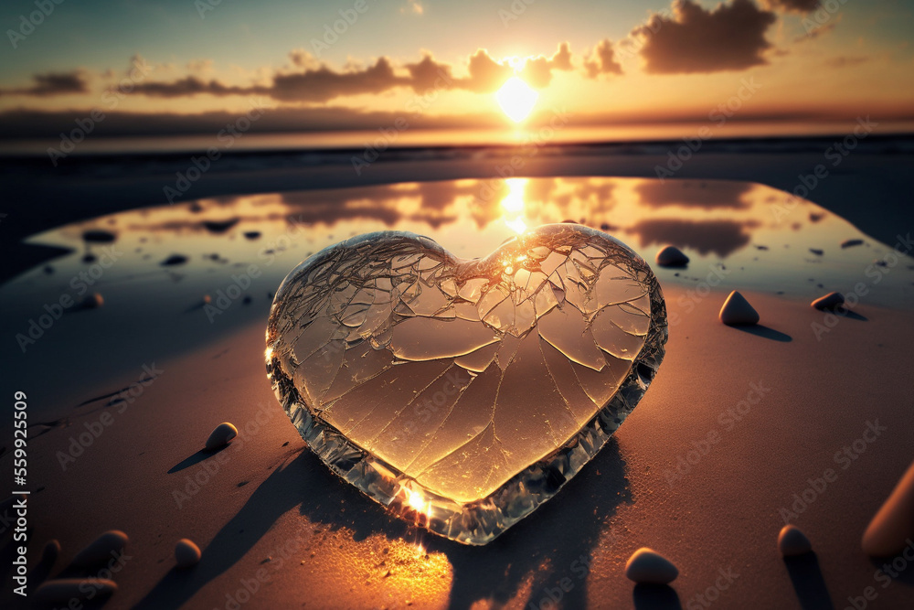 Broken Heart of Glass Laying on the Beach At Sunset - Generative AI ...