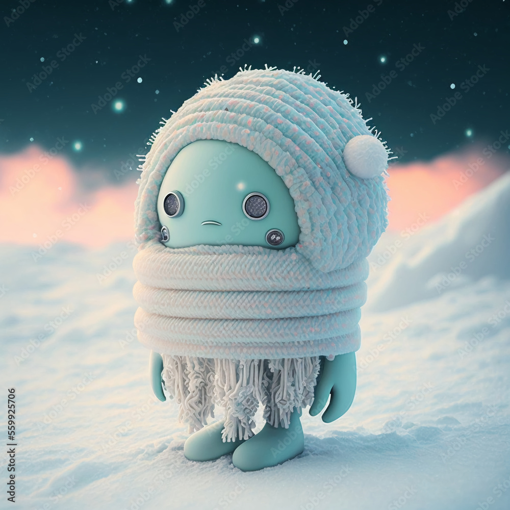 Chibi Cute Ice Elemental Alien in a Fluffy Pastel Hat and Fringed Scarf ...