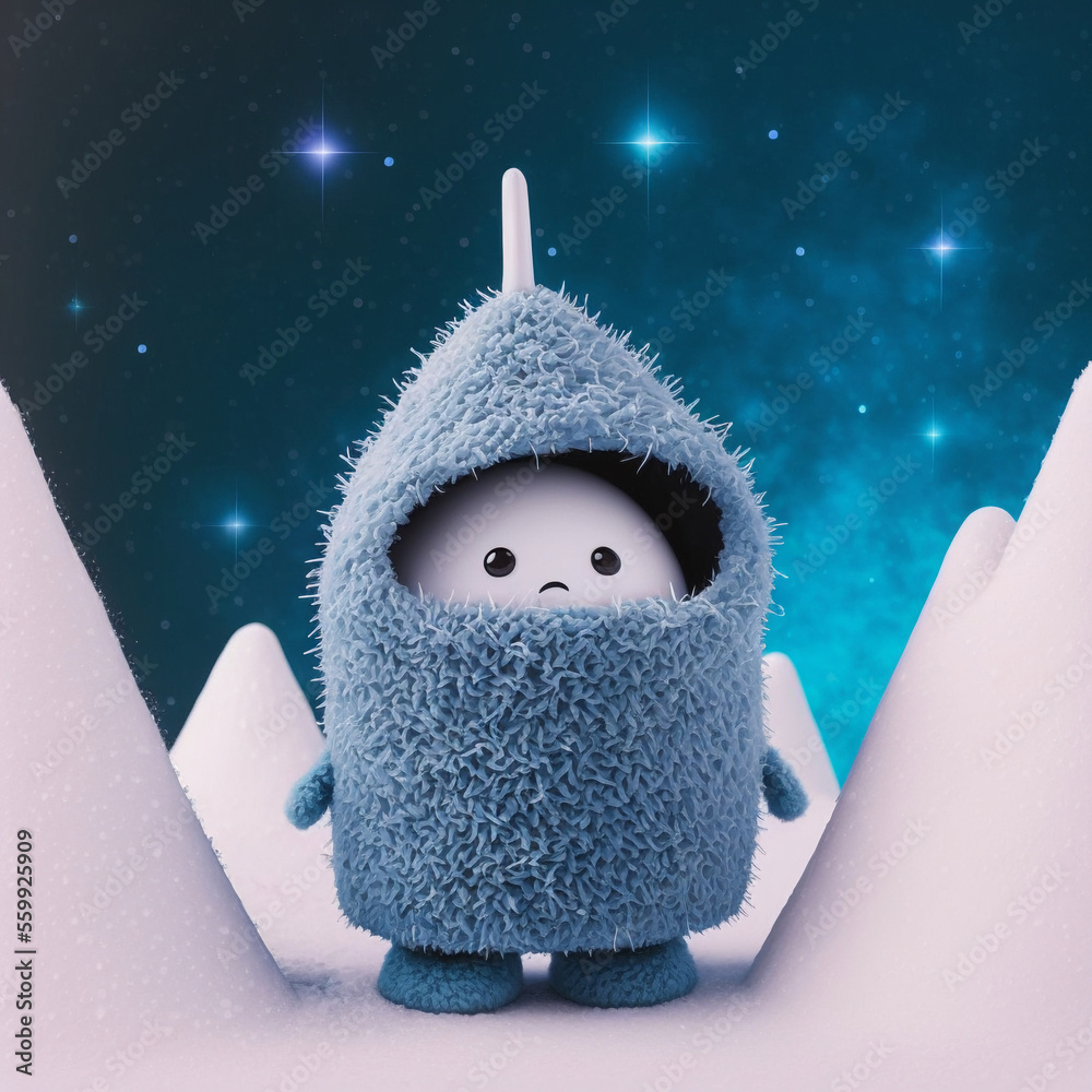 Chibi Cute Frowning Ice Elemental Alien Wearing Fluffy Fur Hooded Coat ...
