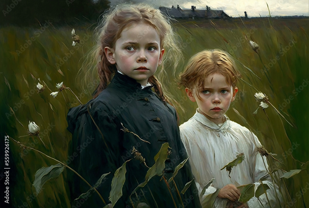 Worried Looking Frontier Children in a Rural Wildflower Field with a ...