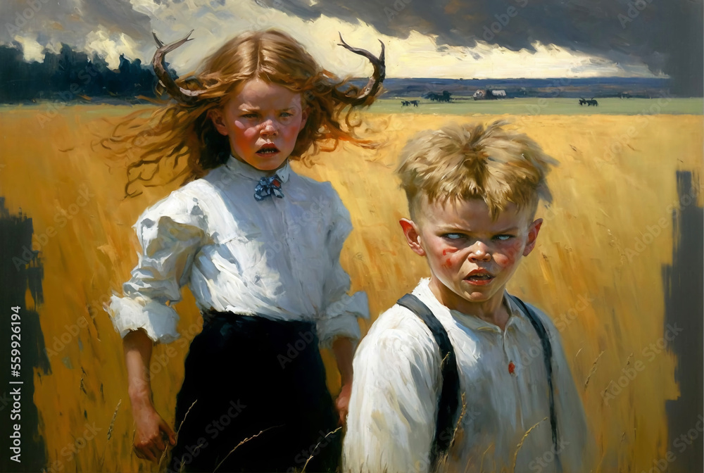 Bloody Supernatural Frontier Children in a Hay Field in a Rural Place ...