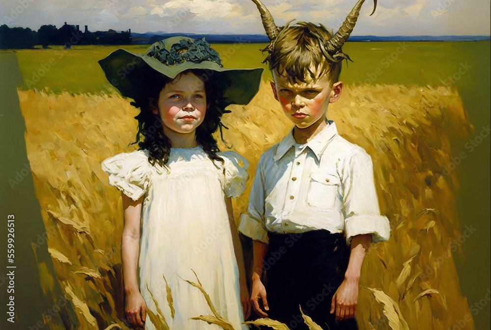 Supernatural Pagan Children in a Hay Field in a Rural Place. Frontier ...