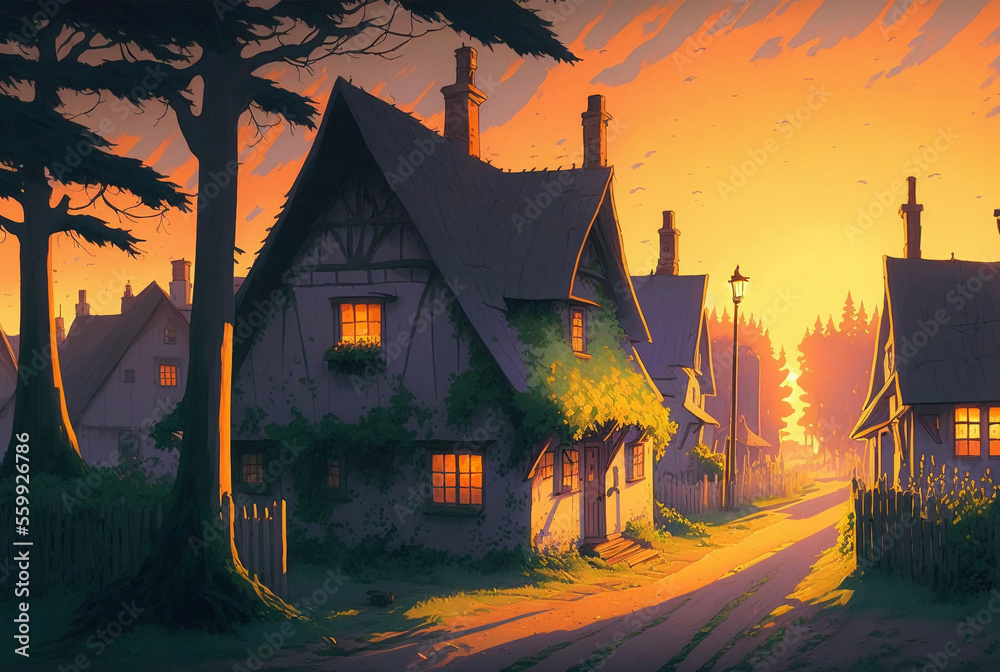 Anime or Manga Drawing of a Quaint Cottage Village Street at Sunset ...