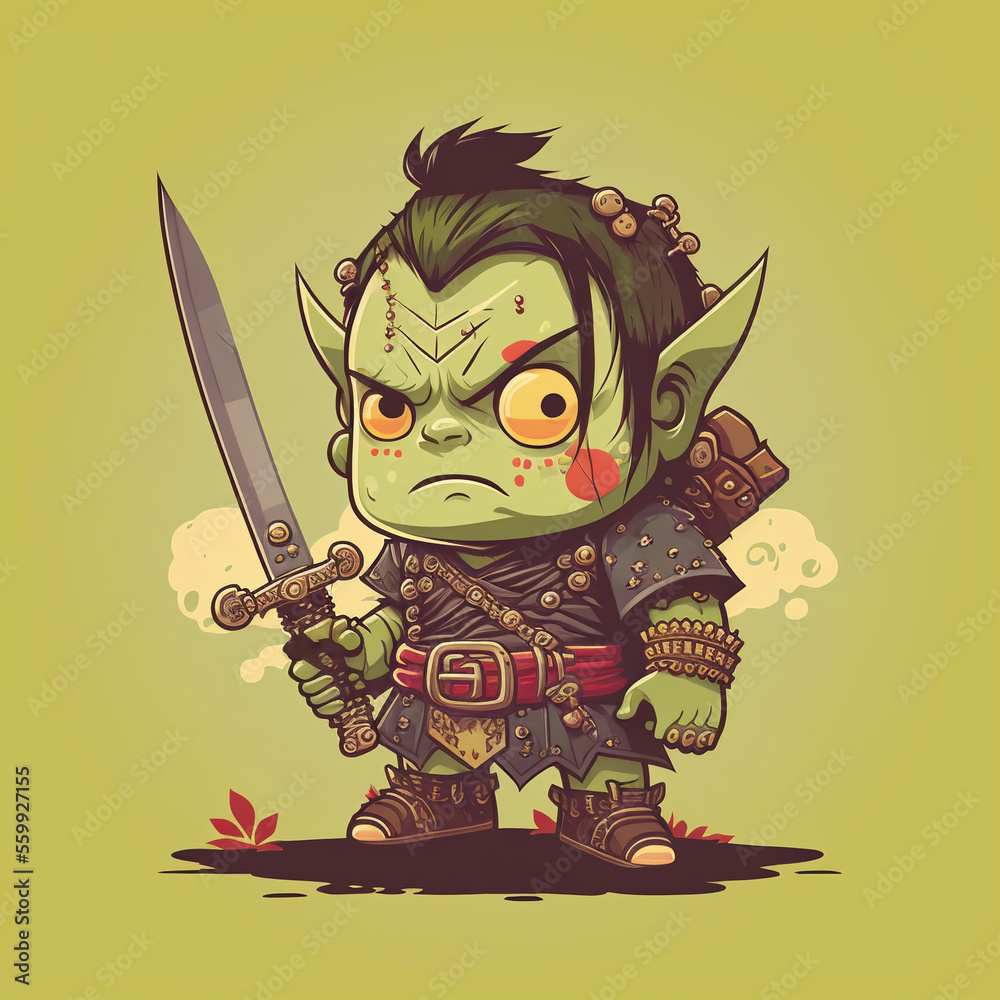 Chibi Cute Isolated Cartoon Scowling Warrior Orc or Goblin with Sword ...