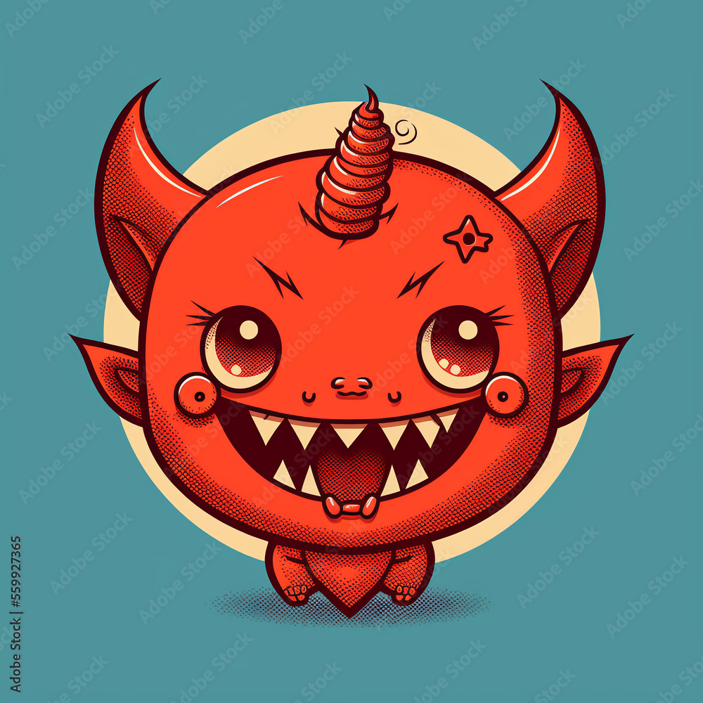 Chibi Cute Isolated Retro Cartoon Smiling Demon Baby with Horns and ...