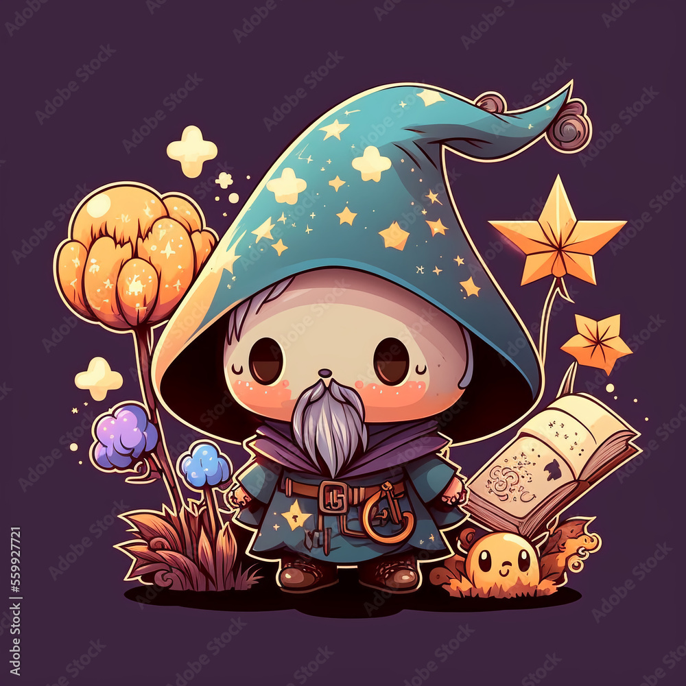 Chibi Cute Isolated Cartoon Wizard in Star Robes and Hat with Magical ...
