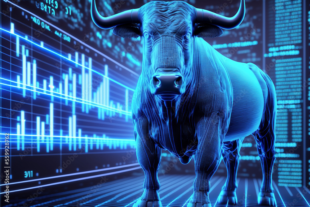 Bull on stock market chart background, digital futuristic style ...