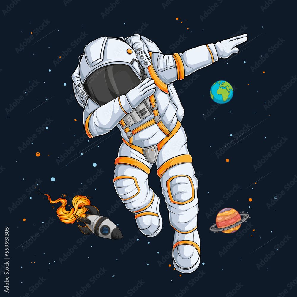 Hand drawn funny Astronaut doing dabbing dance in the space with a ...
