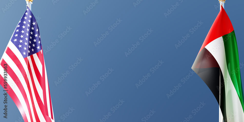 uae and usa flag on a flagpole, 3D image. United States of America and ...
