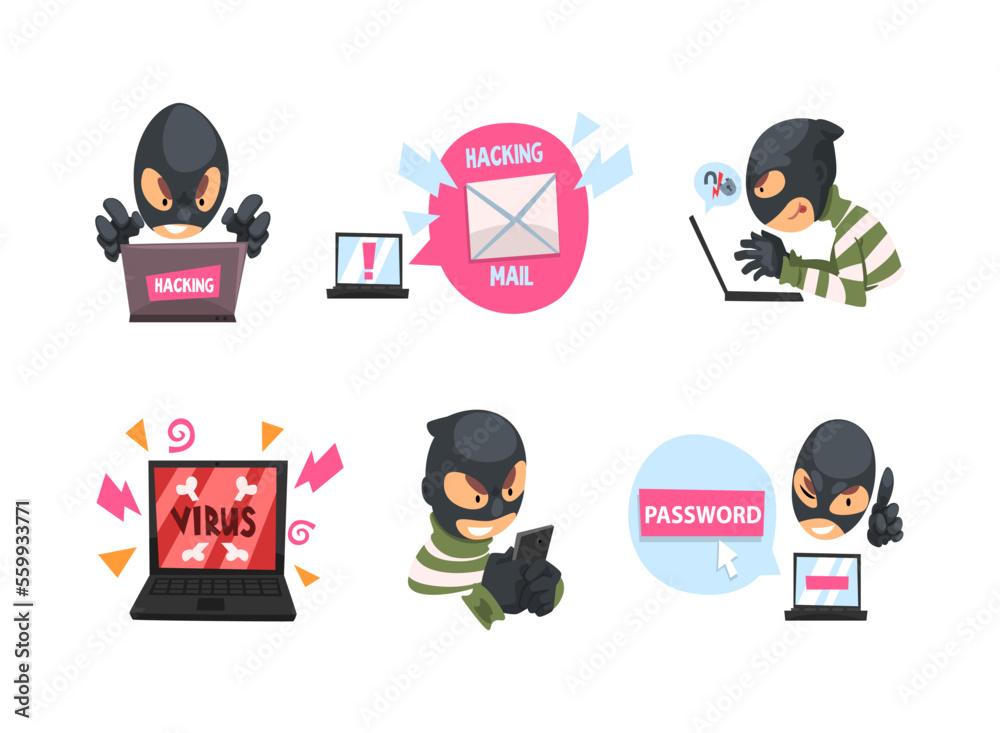 Masked hacker hacking devices for stealing data and money set. Cyber crime, security cartoon ...