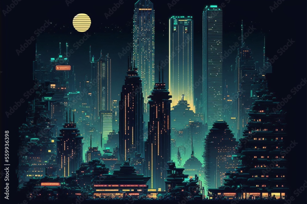 Pixel Art Illustration of a Cyberpunk Cityscape at Night with ...
