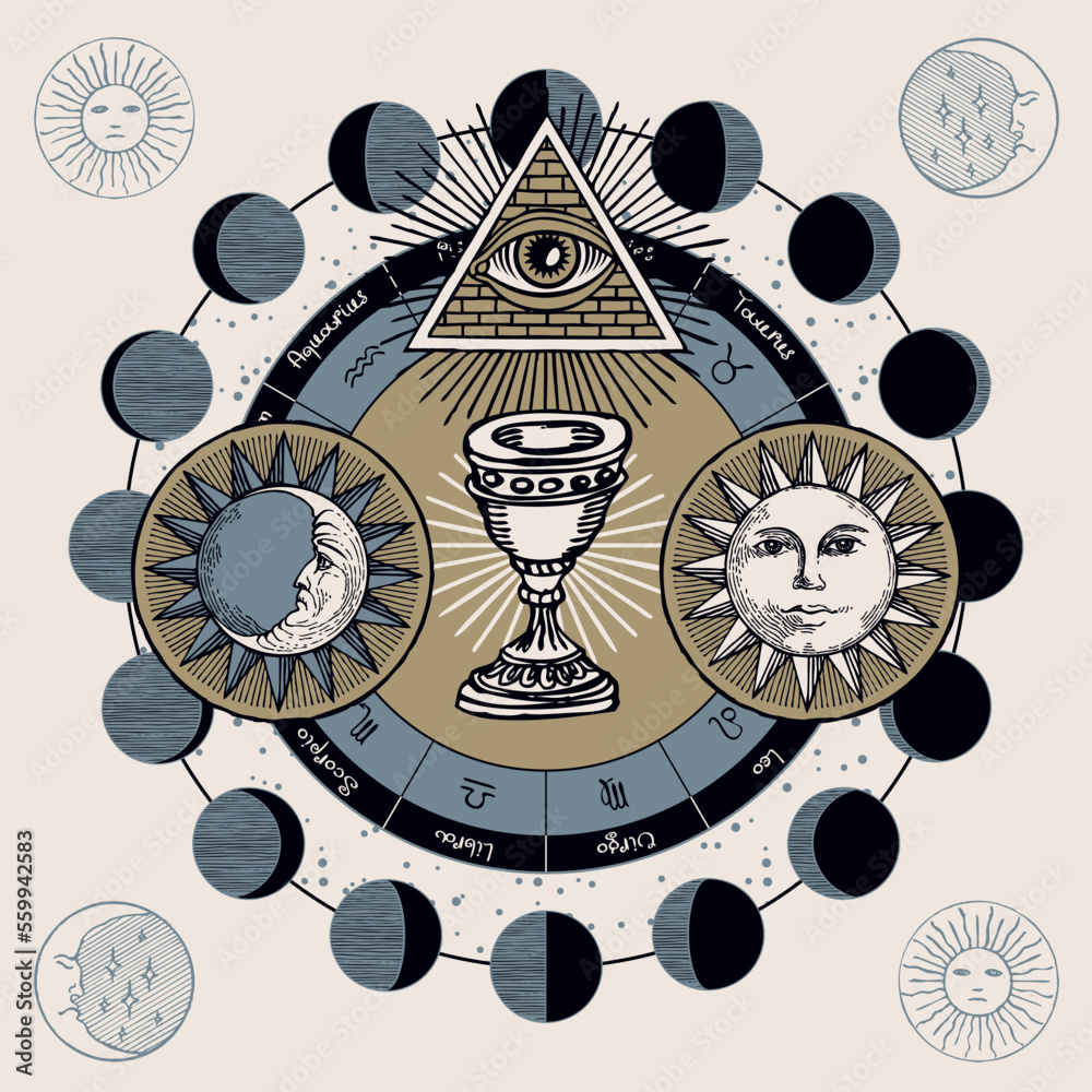 Holy Grail with the Sun, Moon, alchemical and Masonic symbols in retro ...