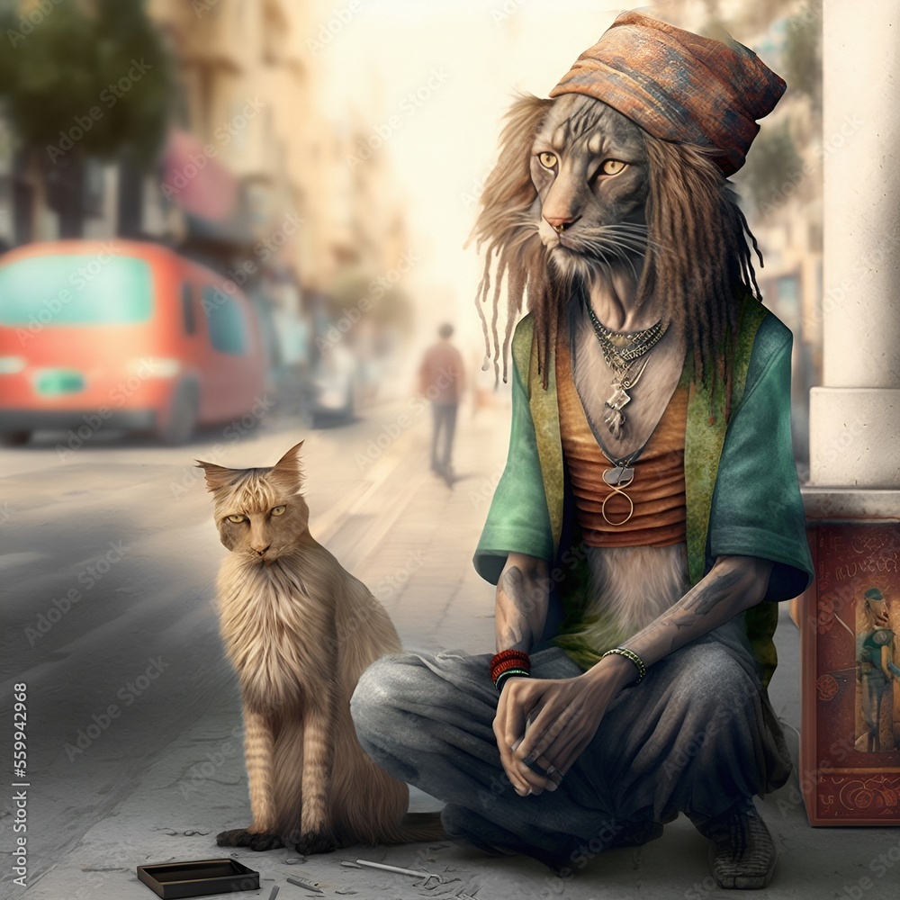 Poor and homeless rasta cat dressed in loose pants and long dreadlocks ...