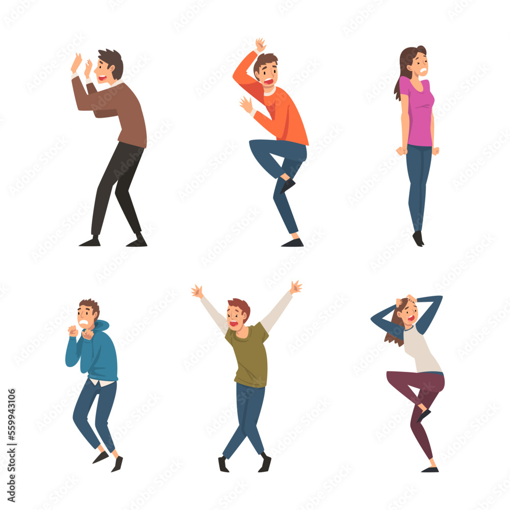 Panicked scared people set. Stressed terrified emotional men and women ...