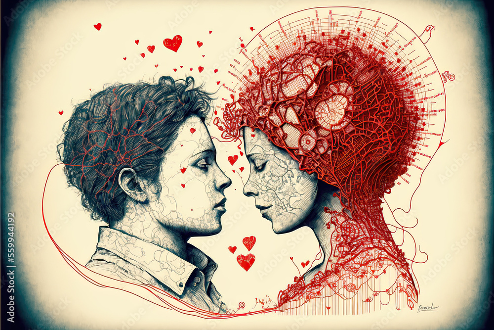 Happy Valentine's Day banner, diagrammatic painting of couple in love ...