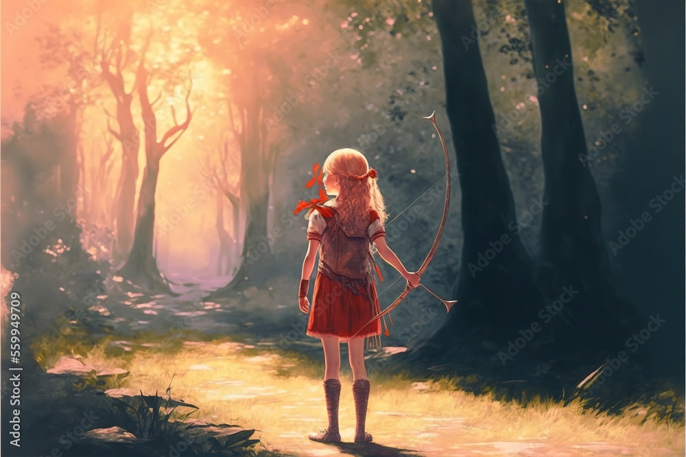 Cute cartoon girl with a bow. Adventure girl holding a bow in the ...