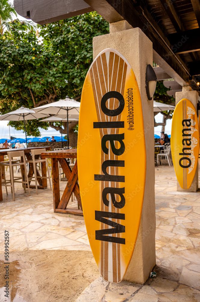 Honolulu, Hawaii - January 1, 2023: Surfboard signs at the Waikiki ...