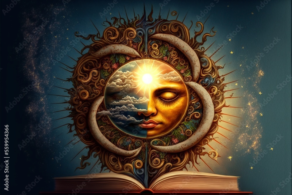 unreal illustration, the sun and the moon reading a book, an image by ...