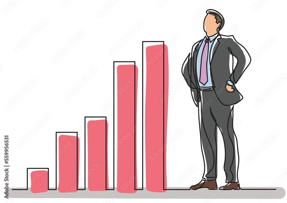 continuous line drawing happy confident standing businessman with ...