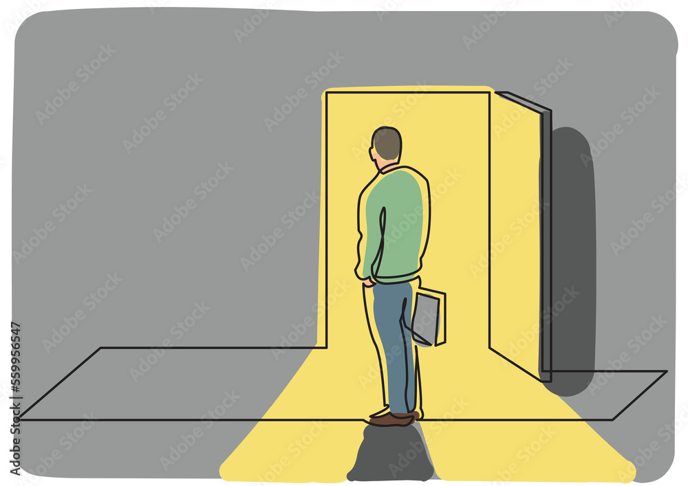 continuous line drawing man before open door colored PNG image with ...