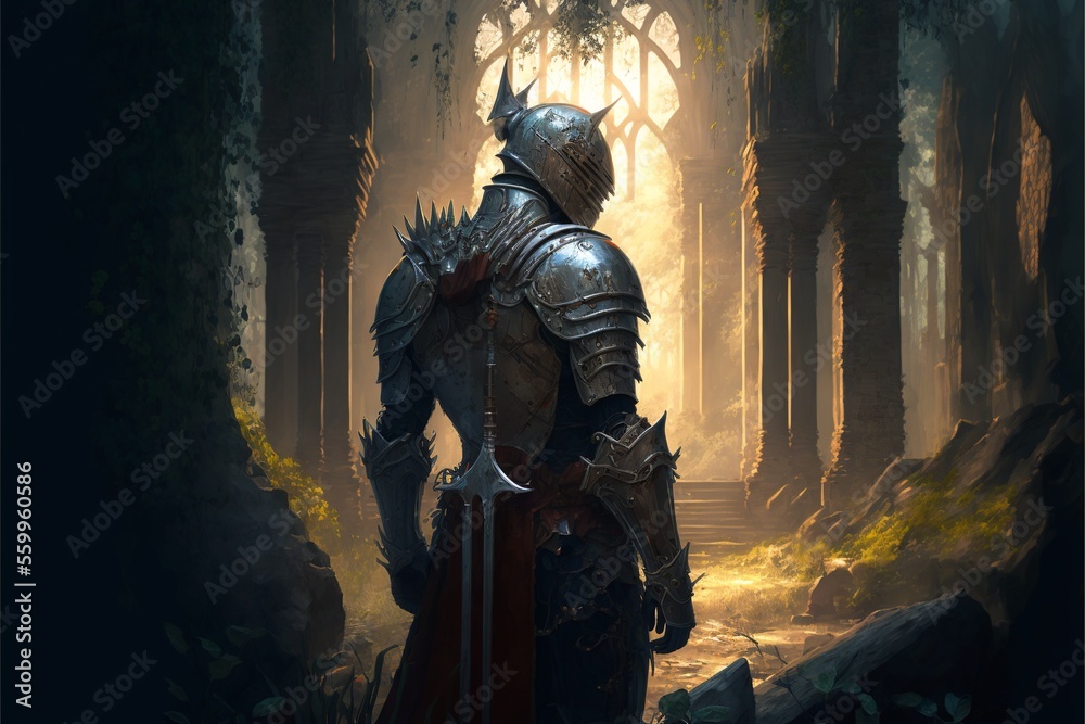 Gloomy medieval knight from the back, ruins in the forest in the ...