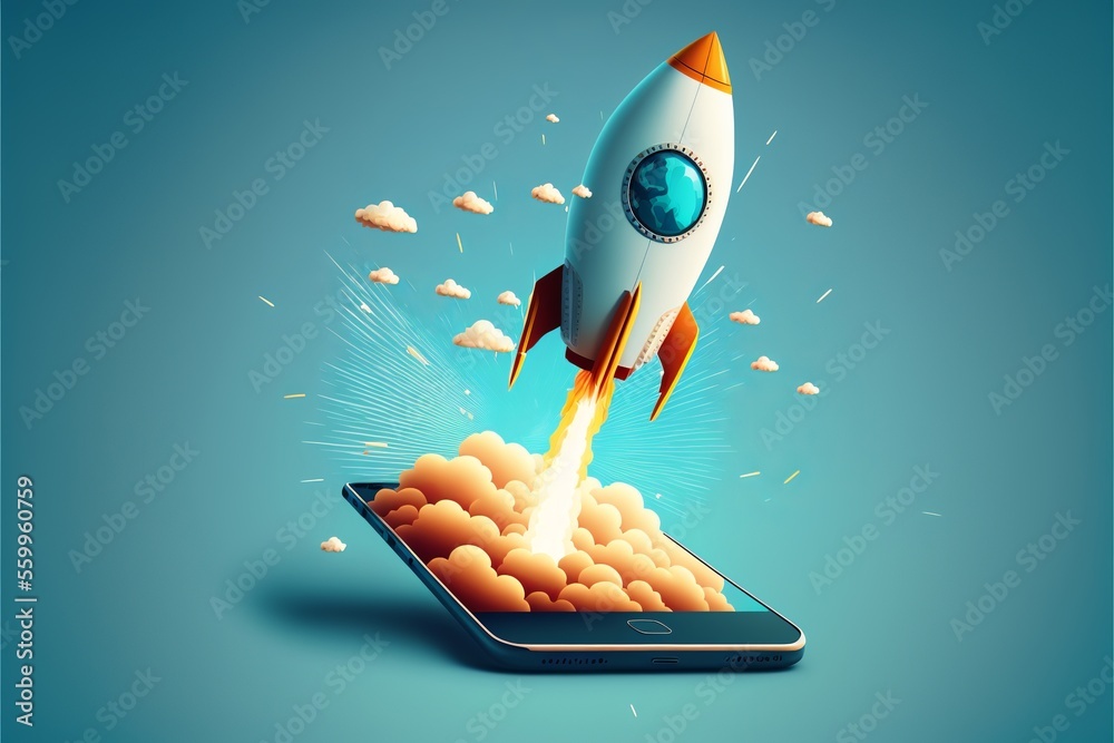 Rocket coming out of mobile phone screen, blue background. AI digital ...