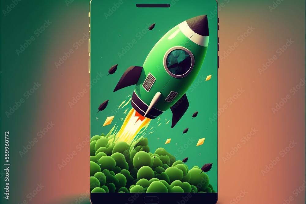 Rocket coming out of mobile phone screen, green background. AI digital ...