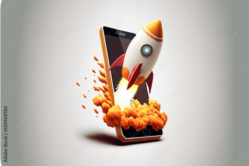 Rocket coming out of mobile phone screen, white background. AI digital ...