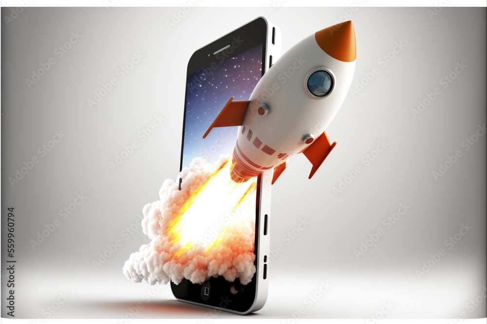 Rocket coming out of mobile phone screen, white background. AI digital ...