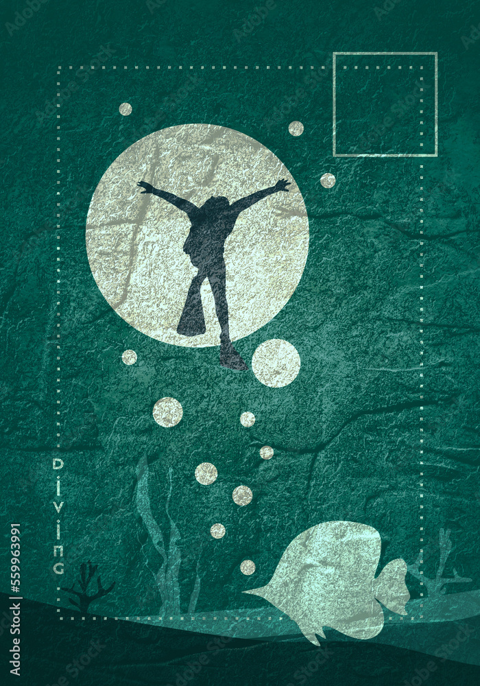 Scuba diving sport poster concept. Underwater landscape. Marine life ...