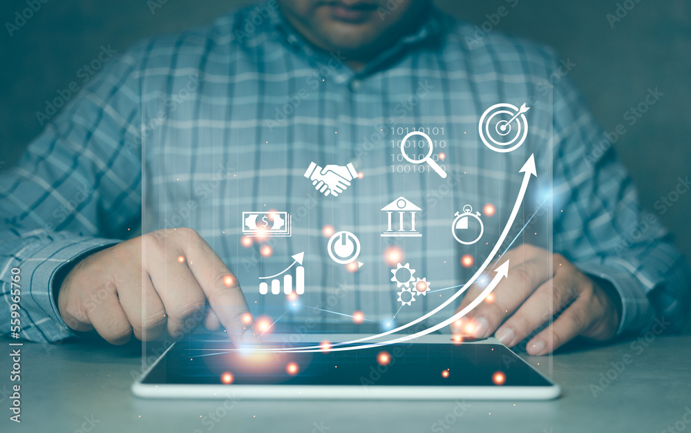 Businessman touching to start with icon network connection and graph ...