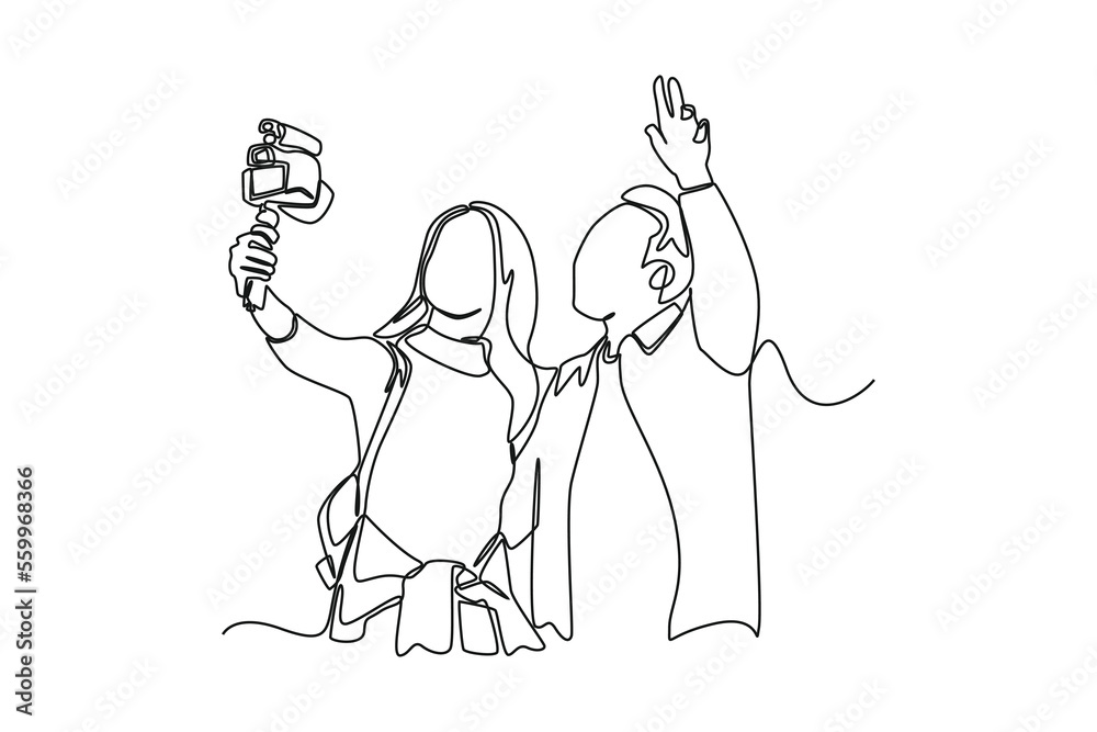 Single one line drawing Cute couple traveling together while vlogging ...
