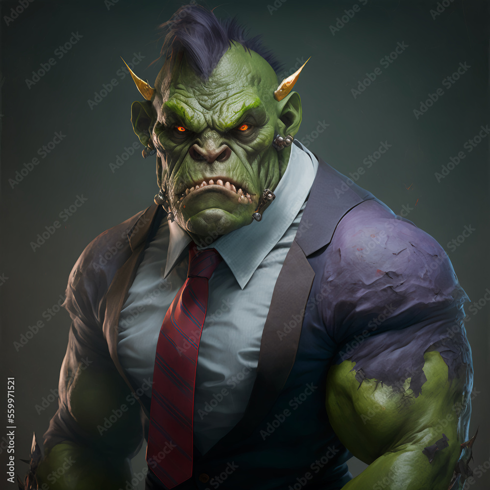 Orc Businessman with a Mohawk in a Ripped Suit and Facial Piercings ...