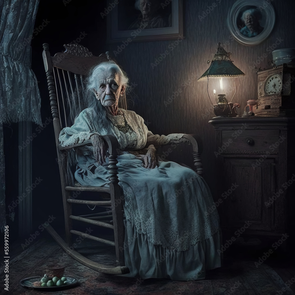 Old Decaying Ghost Woman in a Rocking Chair in a Haunted House. Undead ...