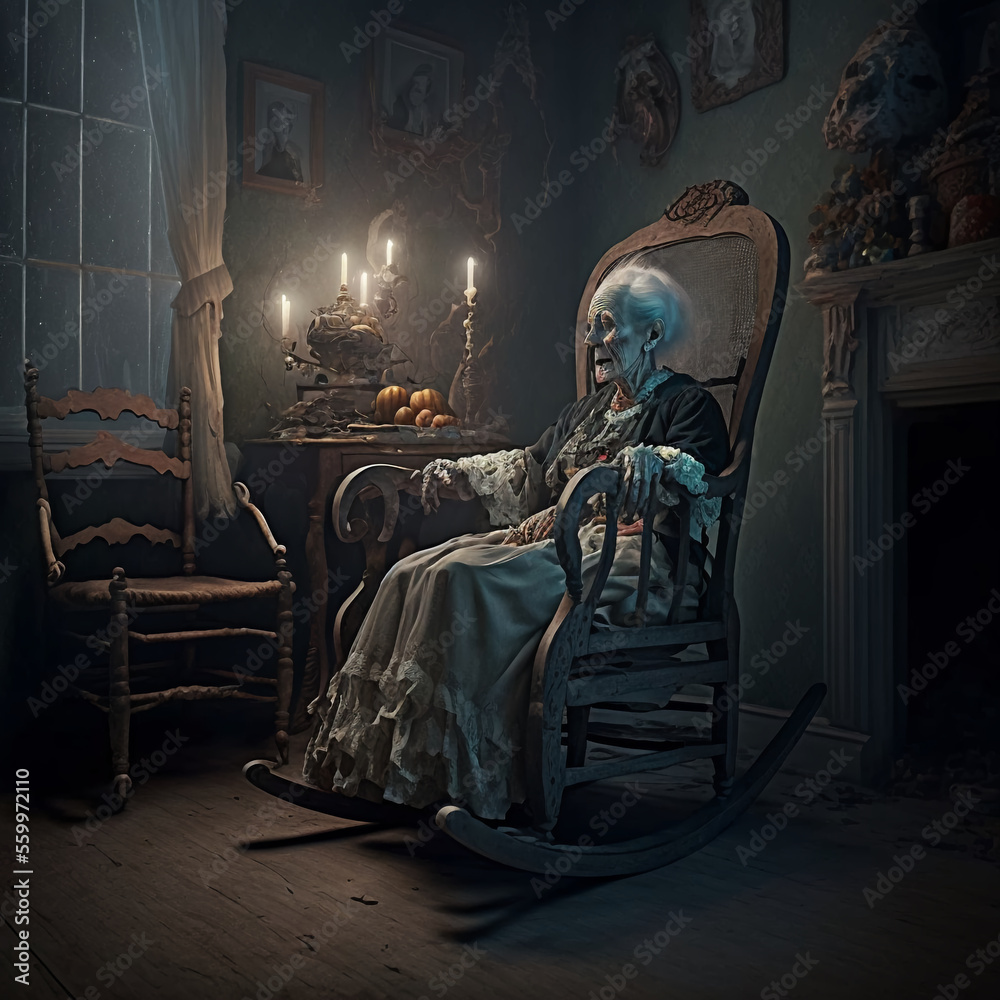 Old Decaying Ghost Woman in a Rocking Chair in a Haunted House. Undead ...