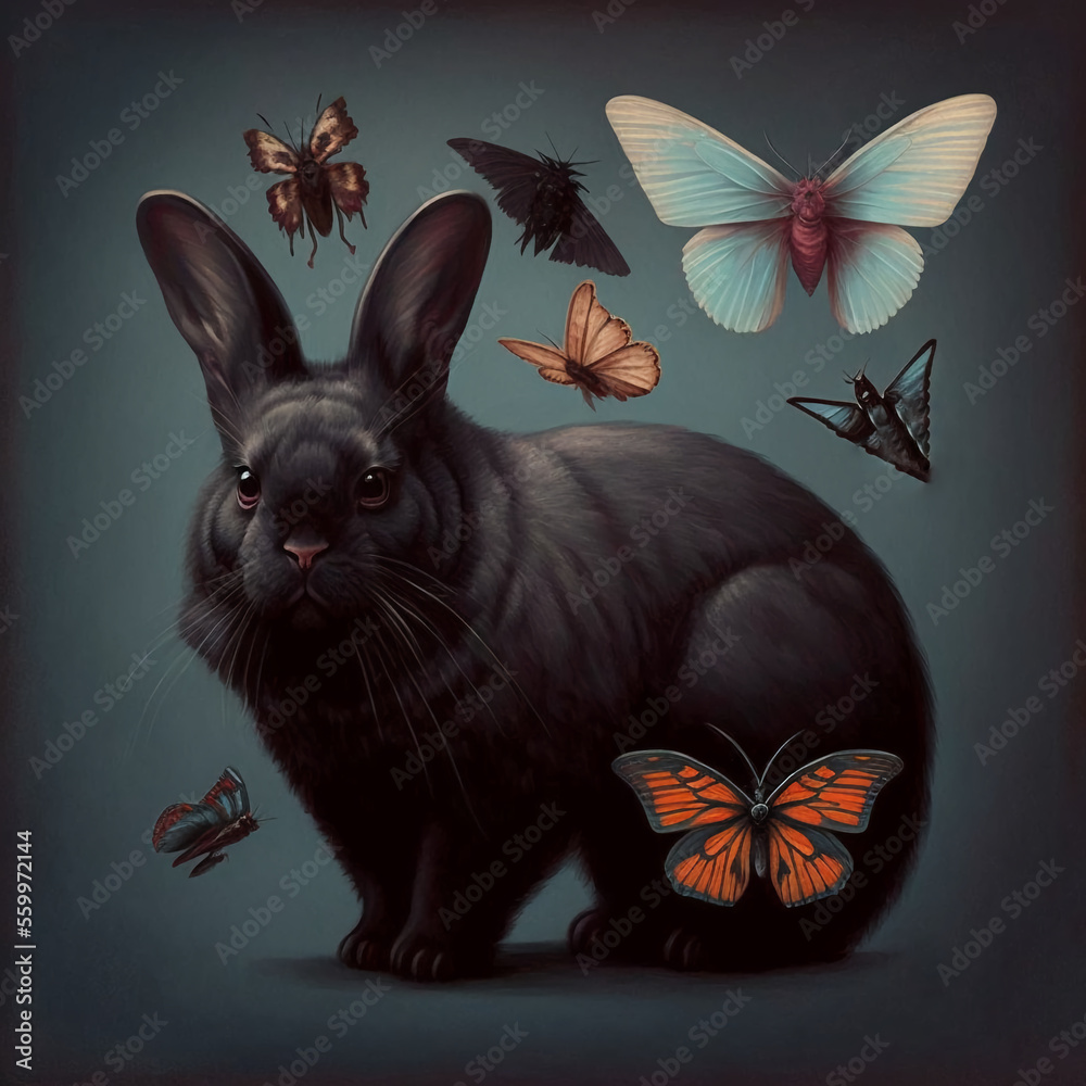 Surreal Painting of a Black Rabbit with Butterflies. [Fantasy, Historic ...