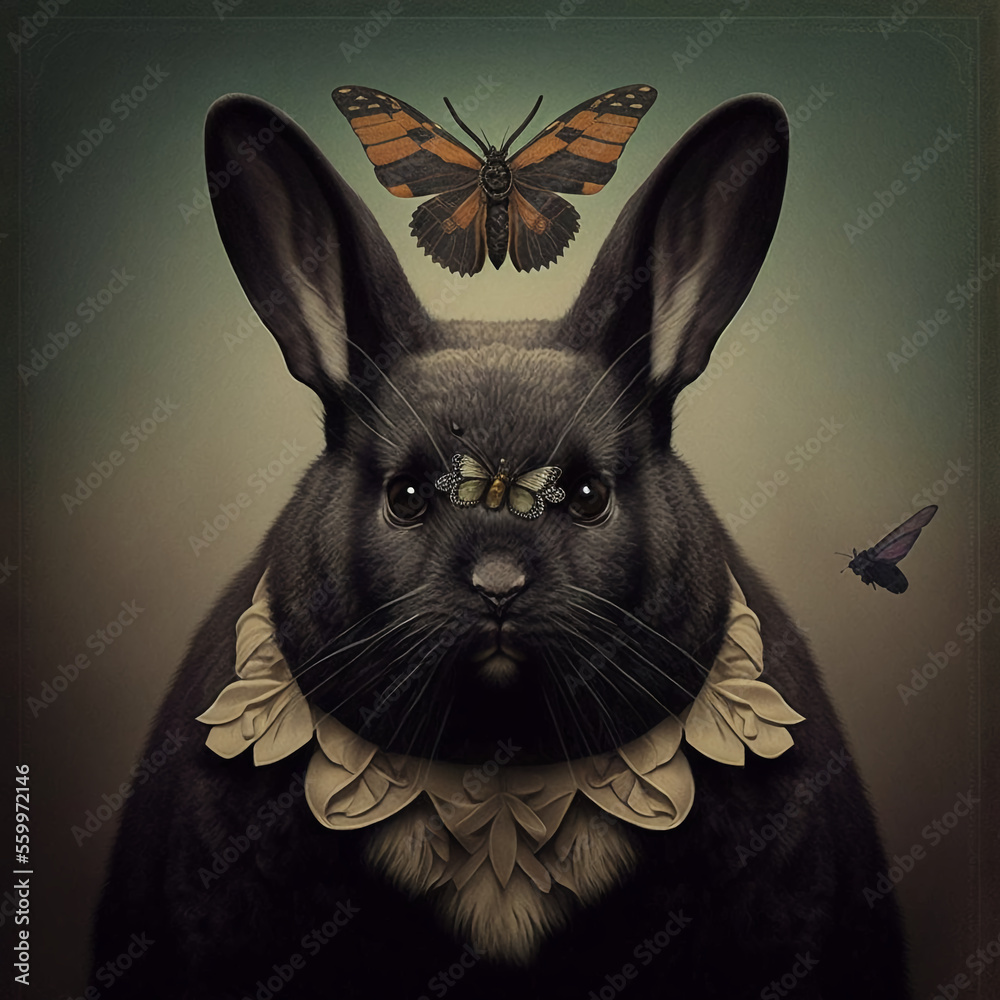 Surreal Painting of a Black Rabbit with Butterflies. [Fantasy, Historic ...