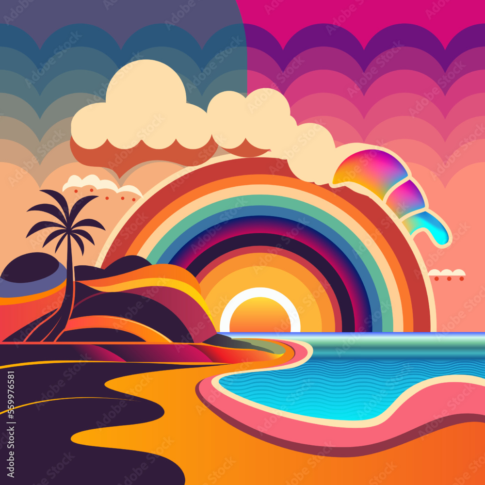 Beach with rainbow and palm tree art. Nature view in psychedelic art ...