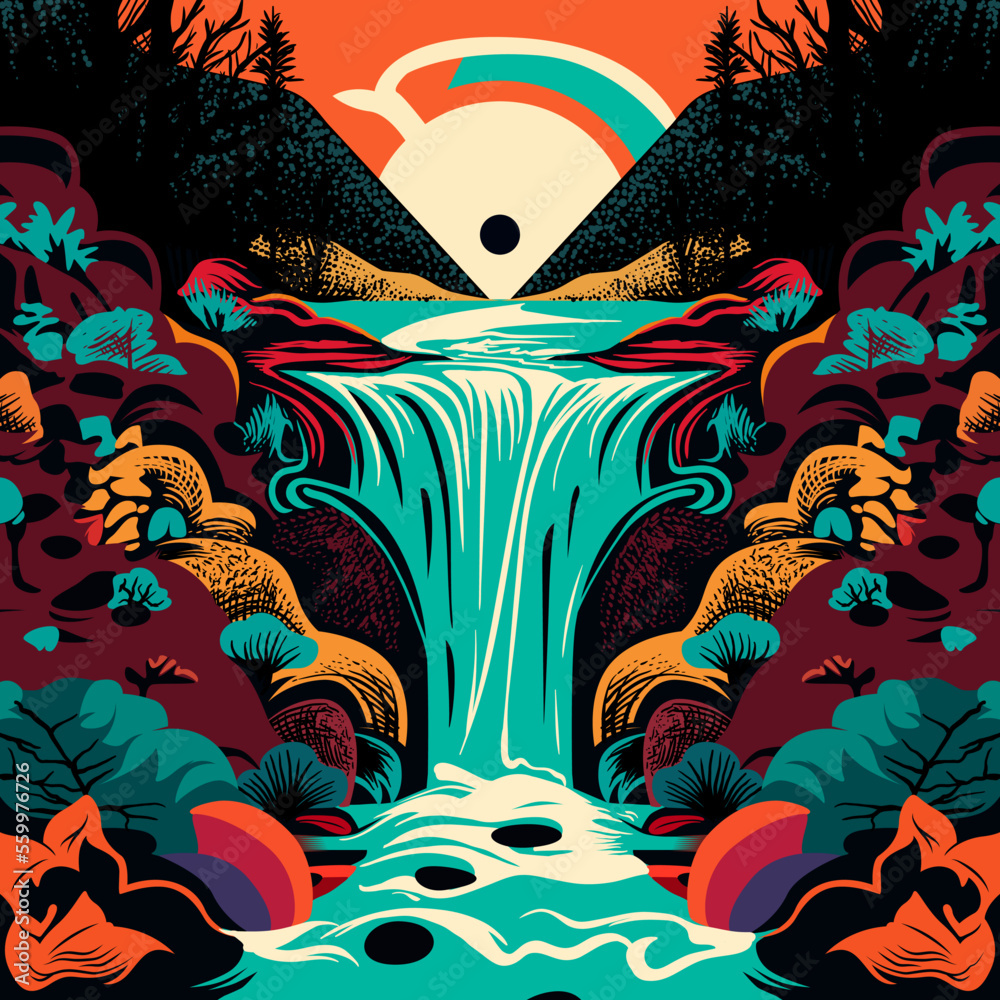 Mountain next to river with waterfall art. Nature view in psychedelic ...