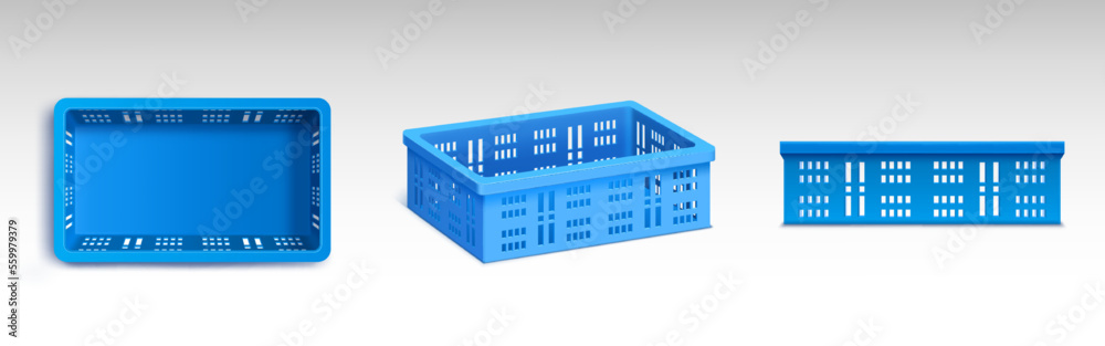 Set of blue plastic crates isolated on white background. Realistic ...
