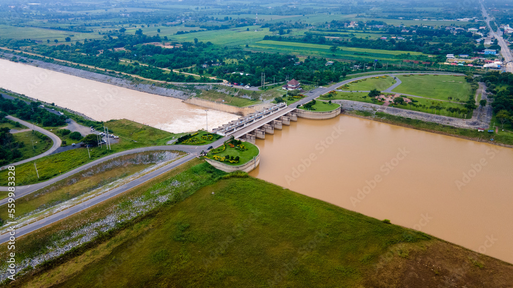 Aerial view over Pasak Chonlasit Dam or Pa Sak Jolasid Dam, located ...