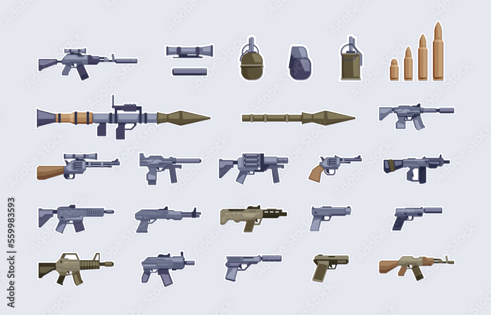 Military firearms. Set of battle arsenal automatic supplies shotgun ...