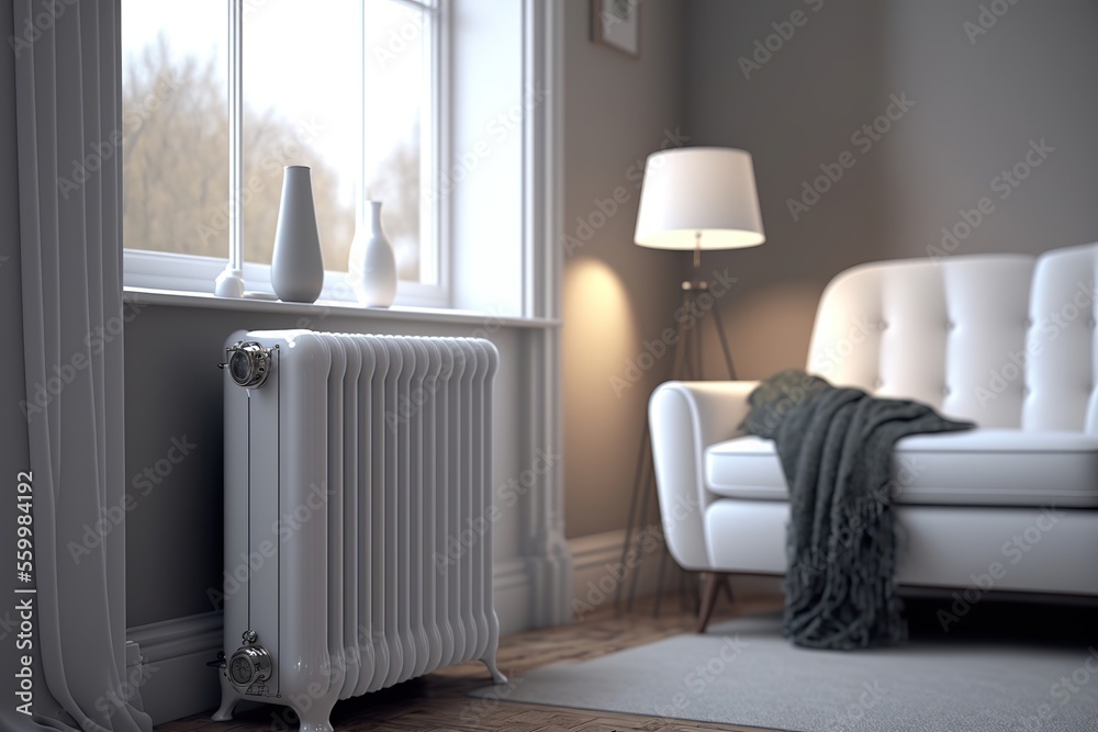 White radiator in living room. Illustration generated by AI. Stock ...