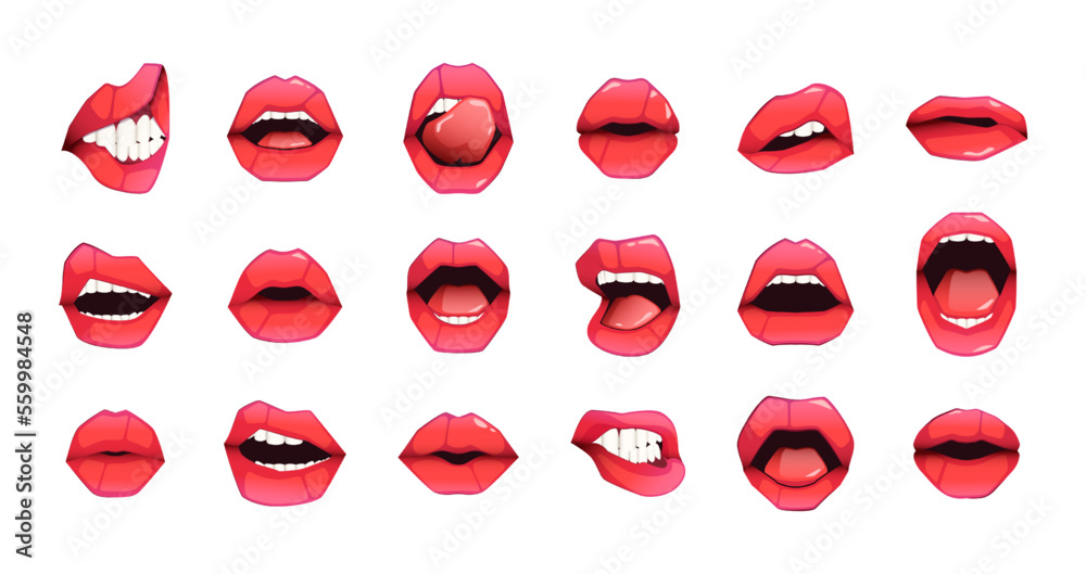 Red female lips. Cartoon woman mouth with different emotions kiss smile ...